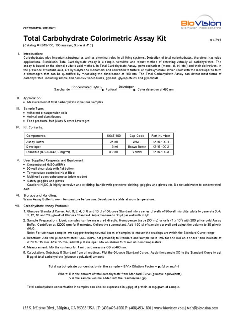 Total Carbohydrate Colorimetric Assay Kit | PDF | Carbohydrates | Glucose