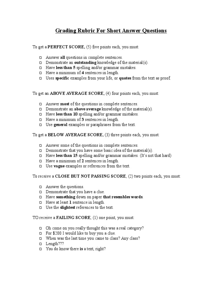 Grading Rubric For Short Answer Questions | PDF
