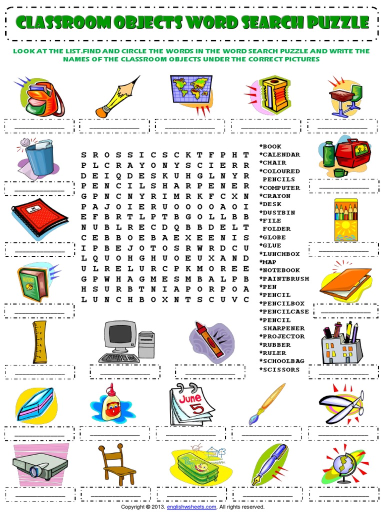 Classroom Objects Esl Vocabulary Word Search Puzzle Worksheet for Kids ...
