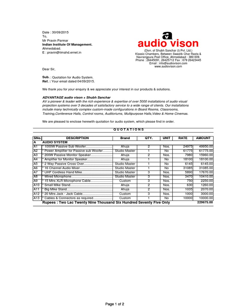 IIMA-Quotation For Audio System (Sub Woofer) | PDF | Audio Electronics ...