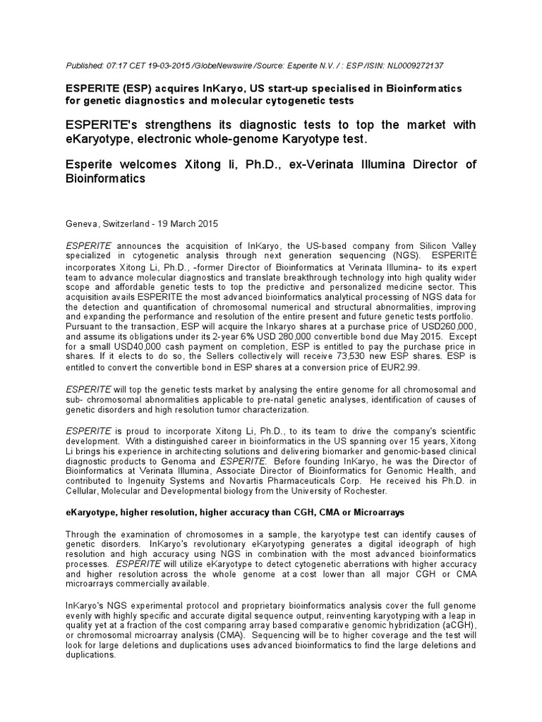 Esperite (Esp) Acquires Inkaryo, Us Start-Up Specialised in ...