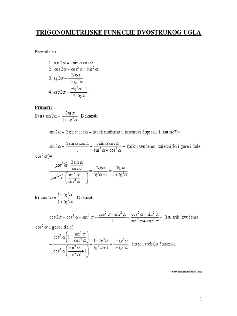 Trigonometrijske Funkcije Dvostrukog Ugla