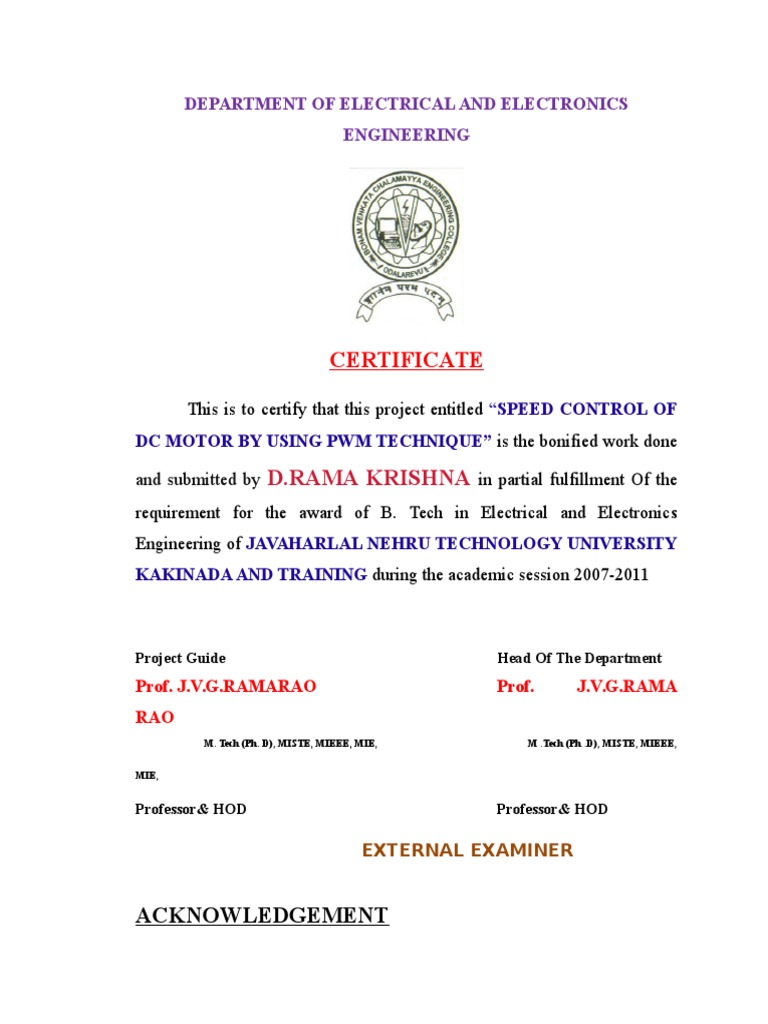 Project Report On Speed Control of DC Motor by Using PWM Technique ...