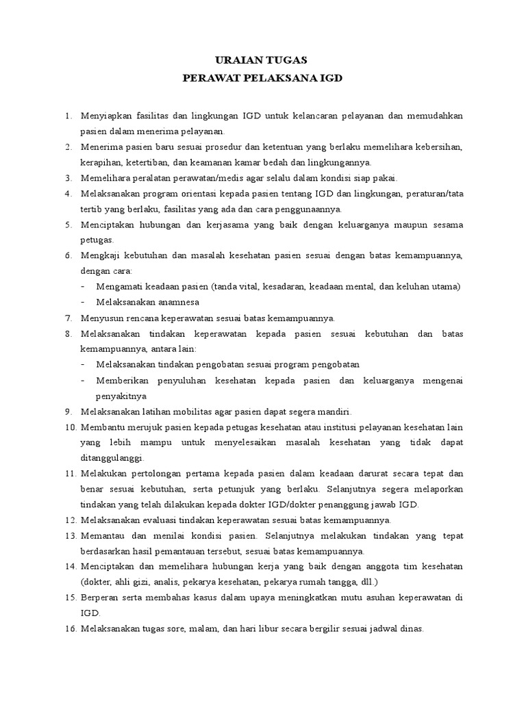 Tugas Perawat Pelaksana IGD | PDF | Kesehatan Holistik