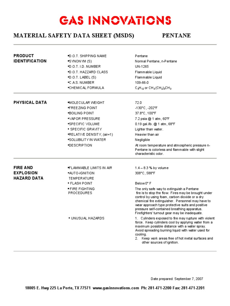 Material Safety Data Sheet (MSDS) Pentane: Product Identification | PDF ...