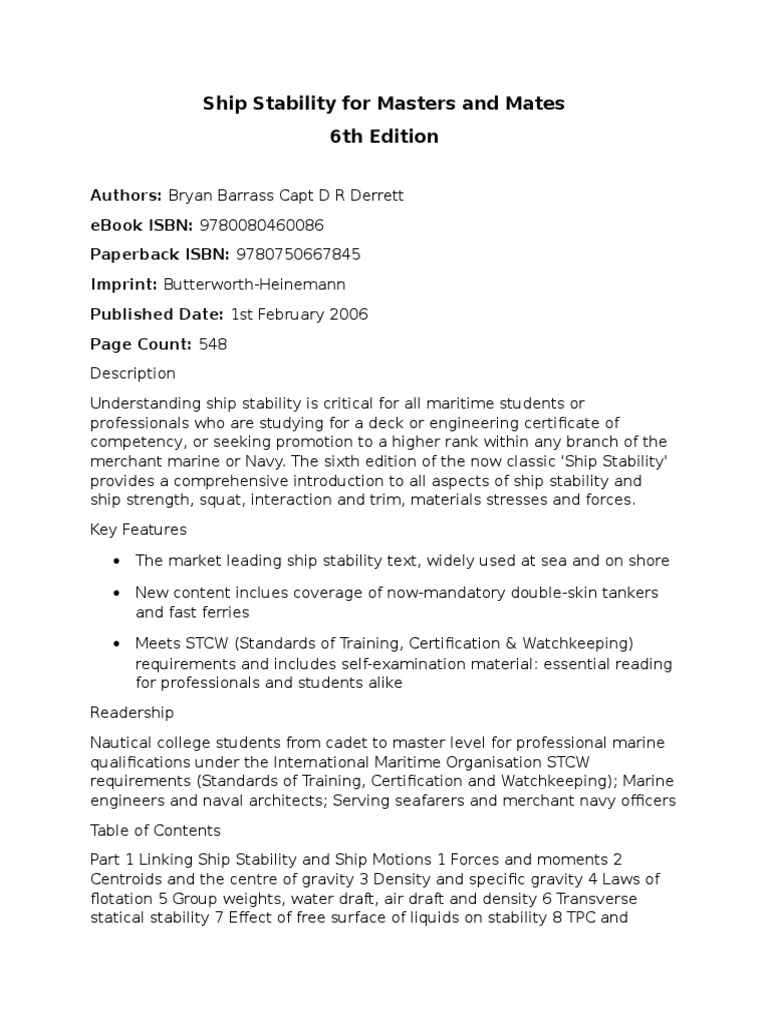 Ship Stability For Masters and Mates 6th Edition | PDF | Ships | Bending