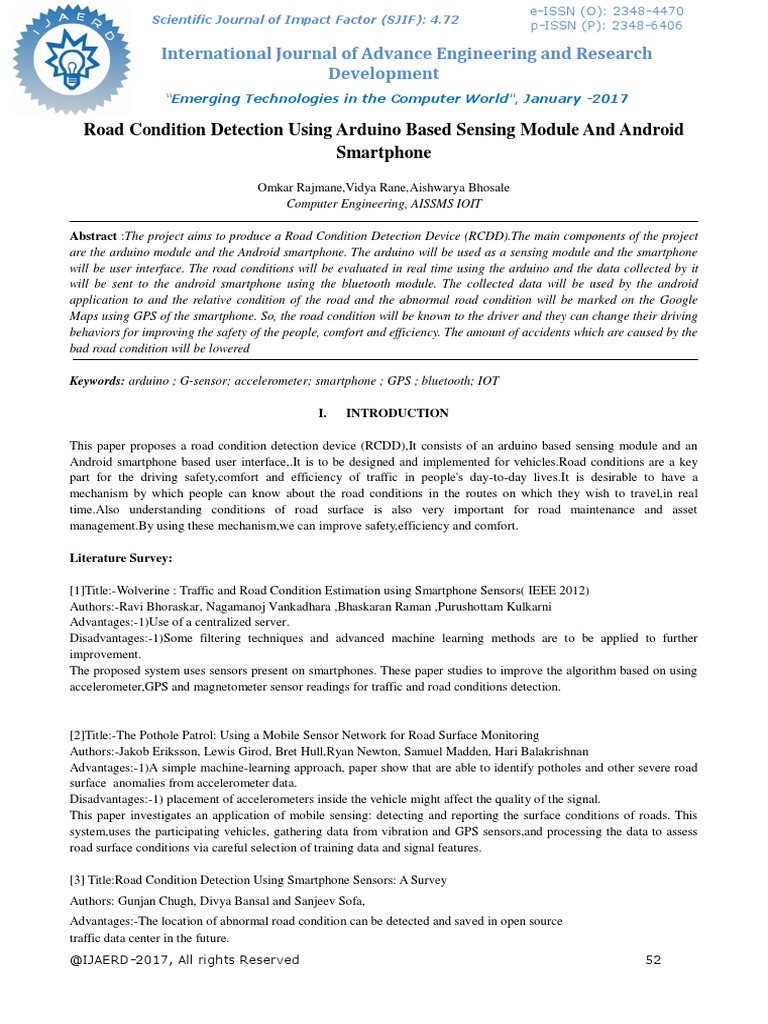 Road Condition Detection Using Arduino Based Sensing Module And Android Smartphone Pdf