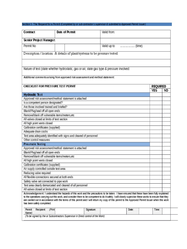 Pressure Test Work Permit | Valve | Business