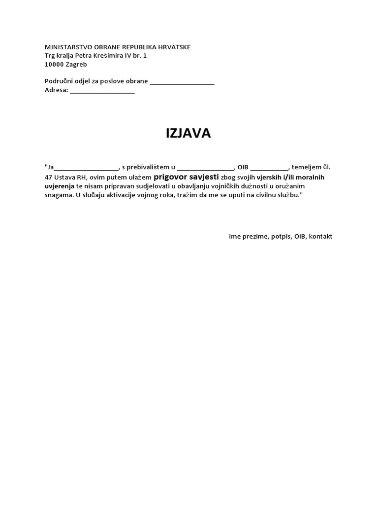 IZJAVA O PRIGOVORU SAVJESTI