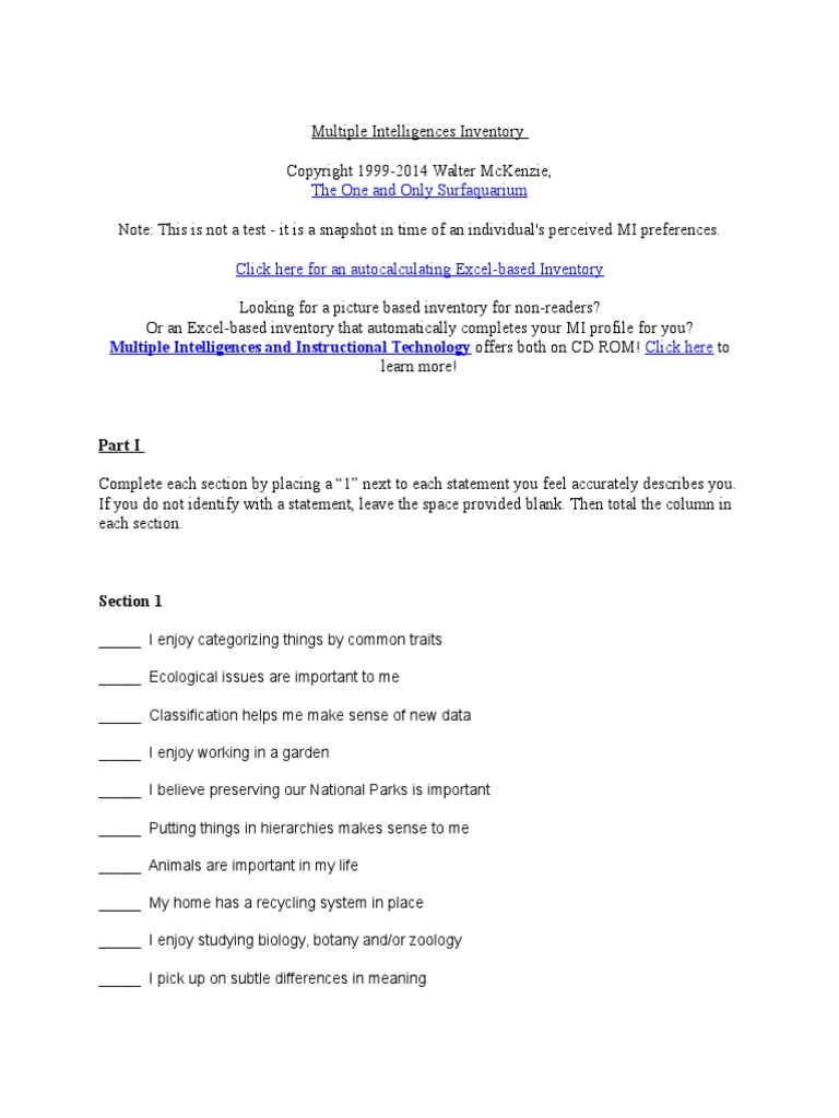 Multiple Intelligences Inventory | PDF | Intelligence | Singing