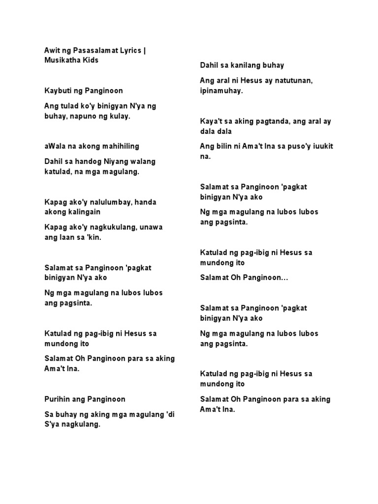 Awit NG Pasasalamat Lyrics | PDF