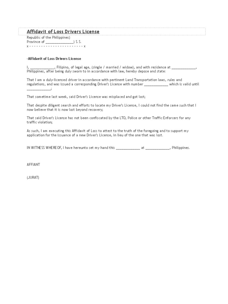 Affidavit of Loss Drivers License | PDF