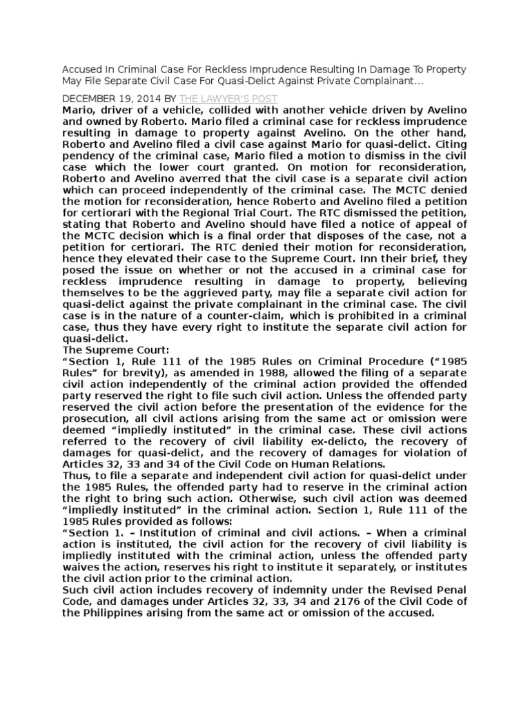 Accused in Criminal Case For Reckless Imprudence Resulting in Damage To ...