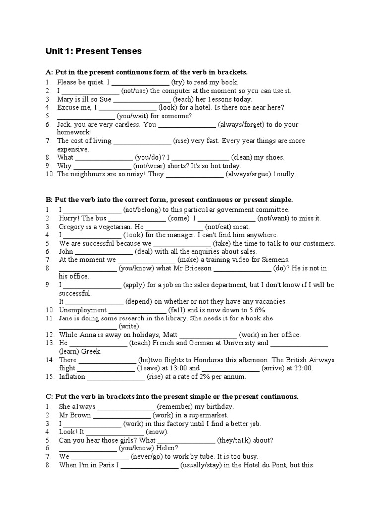 Unit 1: Present Tenses: A: Put in The Present Continuous Form of The ...