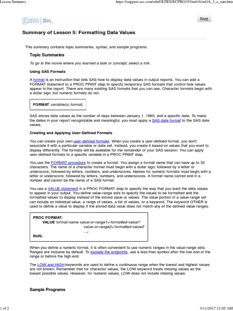 Summary of Lesson 5: Formatting Data Values: Topic Summaries | Download Free PDF | Sas (Software ...