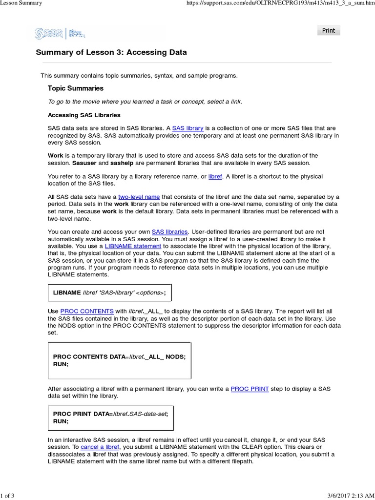 Summary of Lesson 3: Accessing Data: Topic Summaries | PDF | Sas (Software) | Variable (Computer ...