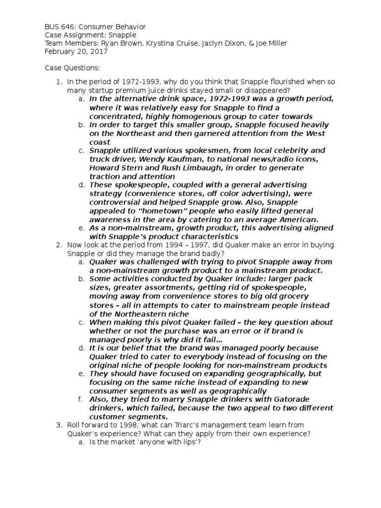 Snapple Case Questions Notes | PDF | Brand | Advertising