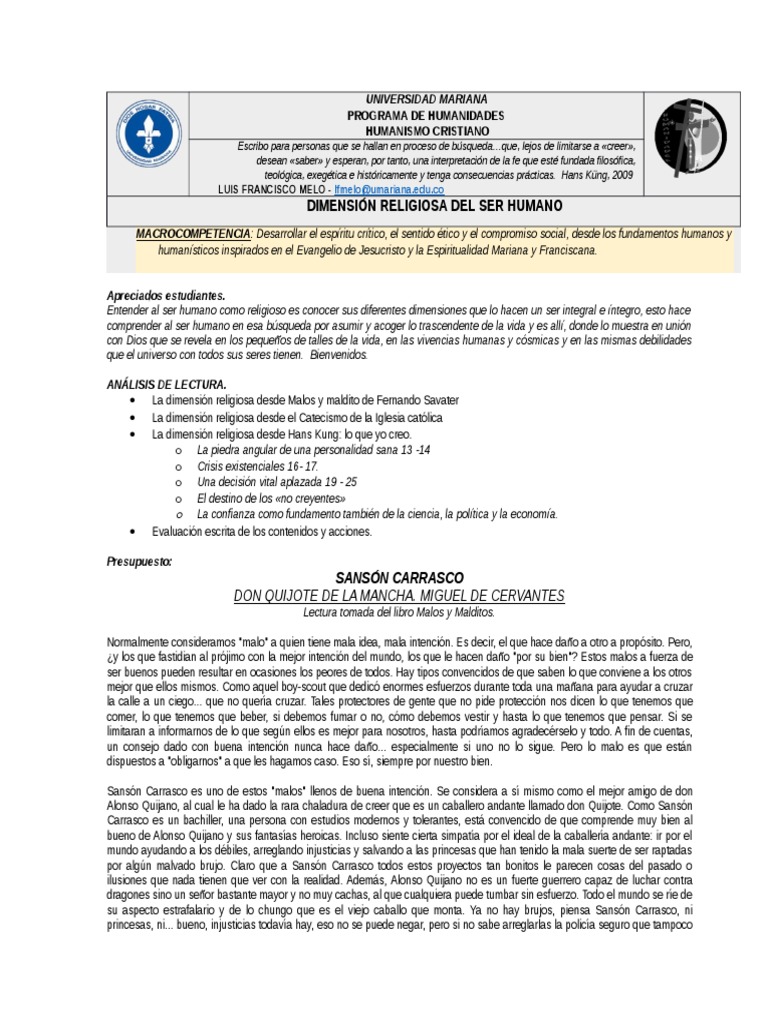 Dimensión Religiosa Del Ser Humano | PDF | Don Quijote | Dios