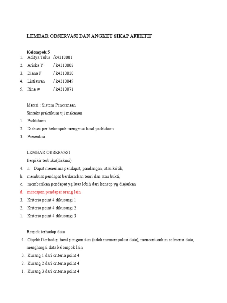 Lembar Observasi Dan Angket Sikap Afektif | PDF