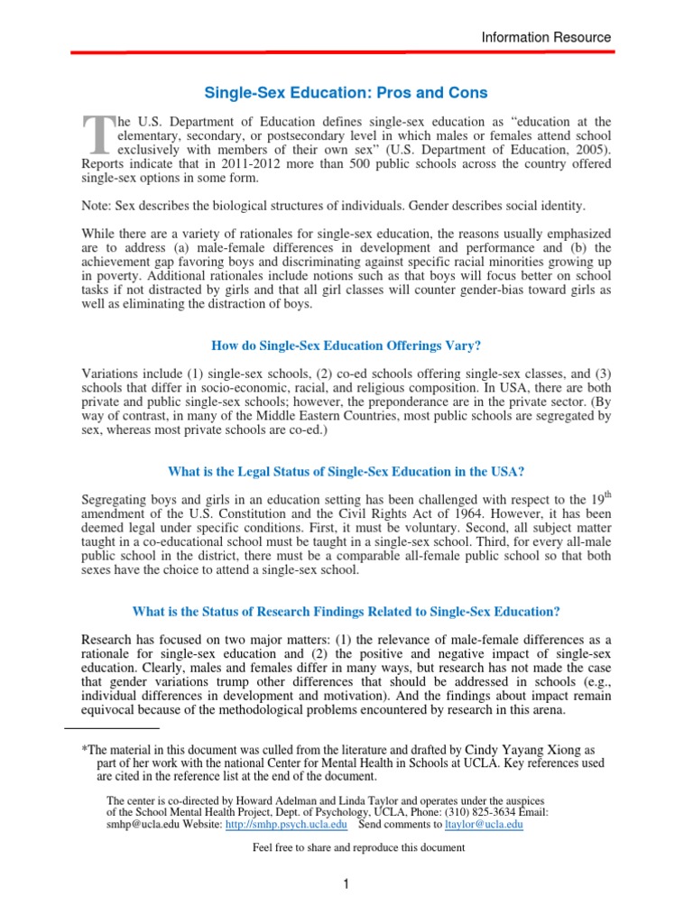 Single-Sex Education: Pros and Cons | PDF