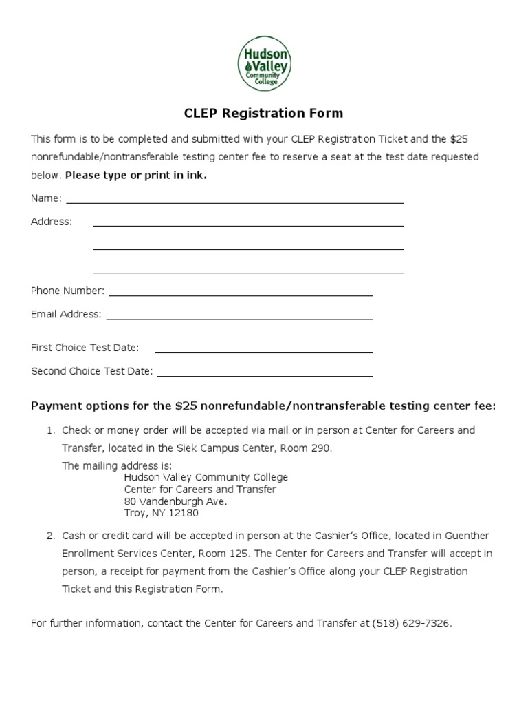 CLEP Registration Form: Payment Options For The $25 Nonrefundable ...