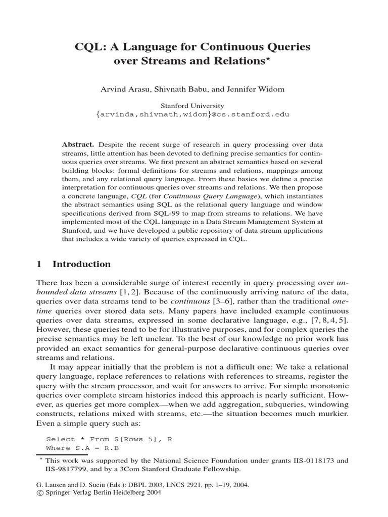 Cql A Language For Continuous Queries Over Streams And Relations Pdf Relational Model Sql