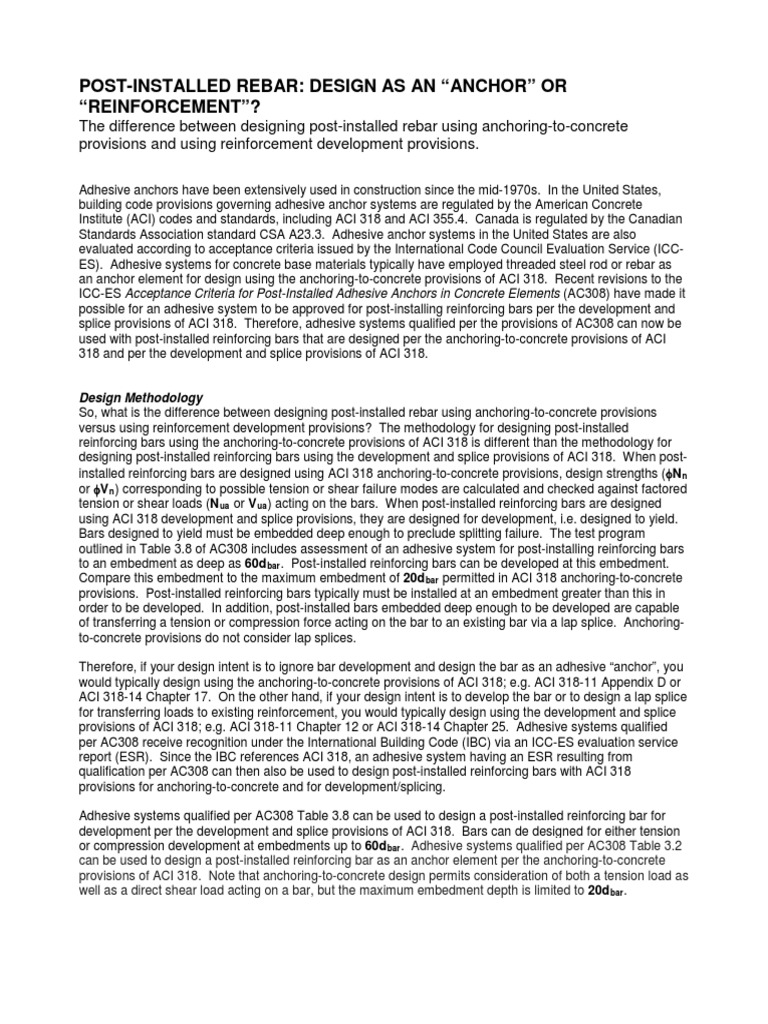 Post-Installed Rebar: Design As An "Anchor" or "Reinforcement"? | PDF ...
