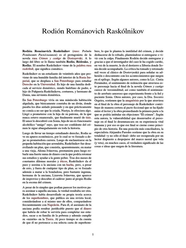 Rodión Románovich Raskólnikov | PDF | Fiódor Dostoievski | Narcisismo