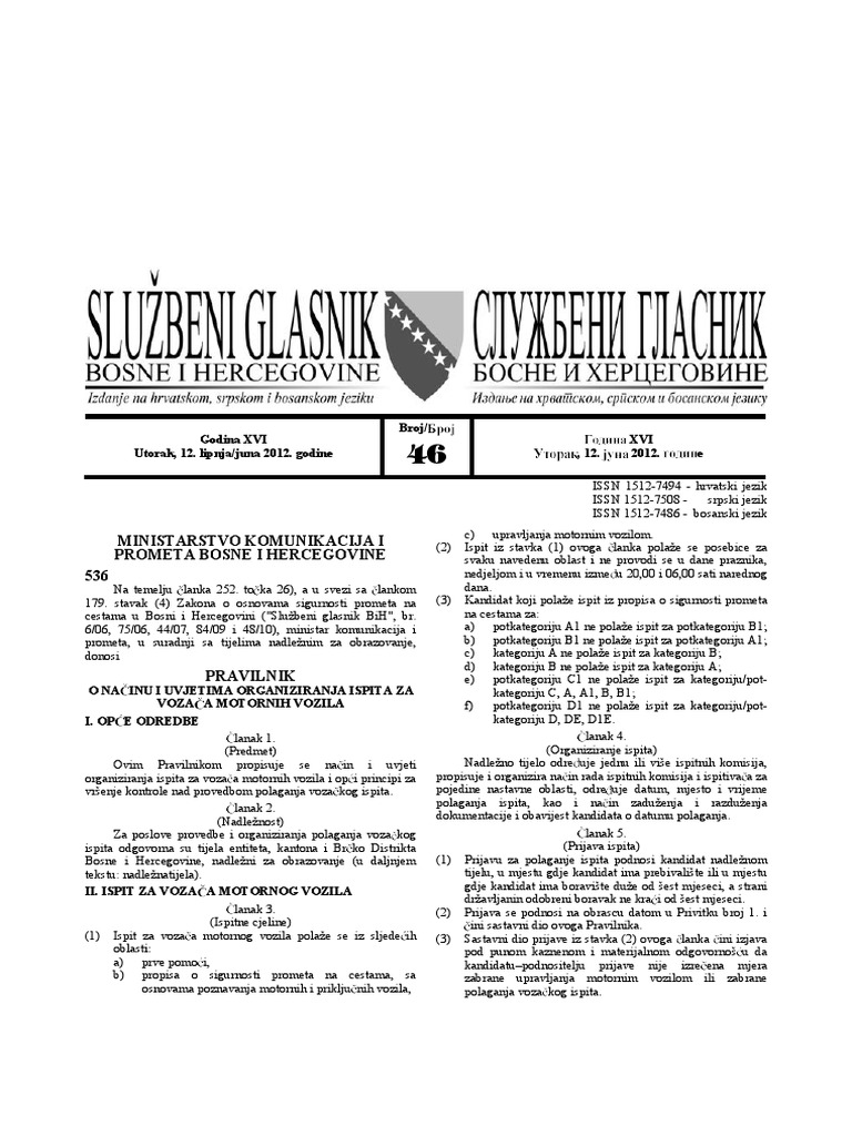 Pravilnik o Nacinu I Uvjetima Organiziranja Ispita Za Vozaca Motornih ...