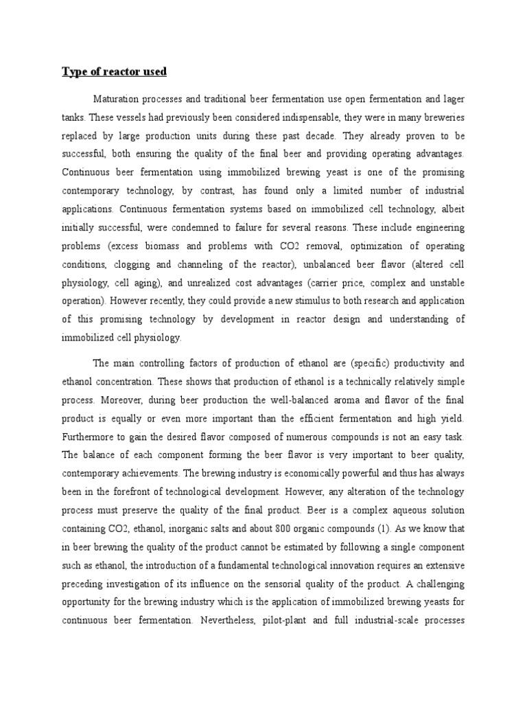Continuous Beer Fermentation Reactor Design | PDF | Brewing | Beer