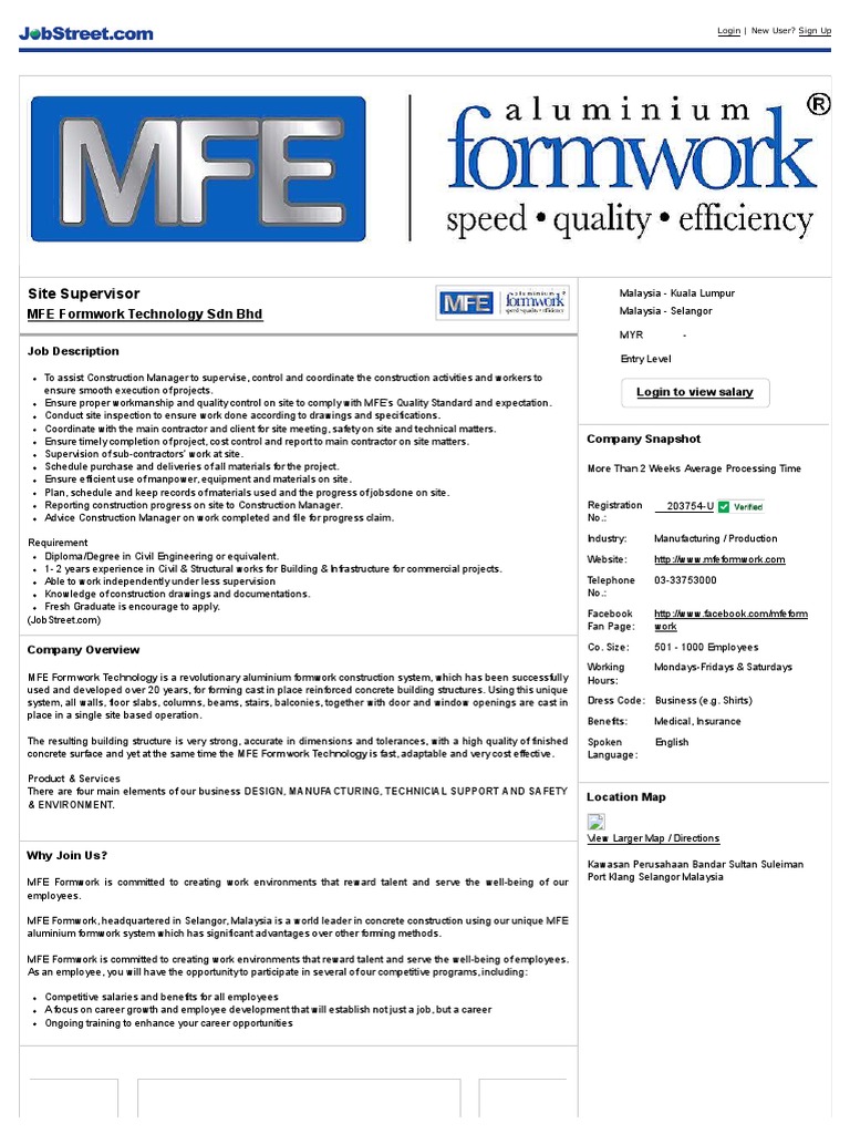 Site Supervisor - MFE Formwork Technology Sdn Bhd | Construction ...