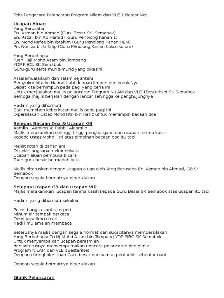 Teks Pengacara Pelancaran Program Nilam Dan VLE 1 BestariNet | PDF