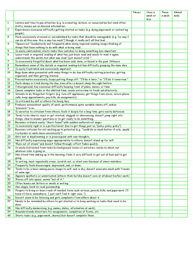 A.D.H.D. Adult Questionaire | PDF | Attention Deficit Hyperactivity ...