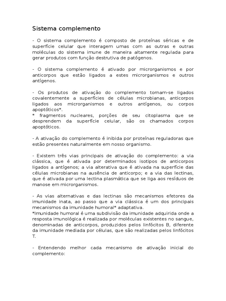 Sistema Complemento - Resumo IMUNOLOGIA ABBAS + Aula | PDF | Sistema complementar | Anatomia