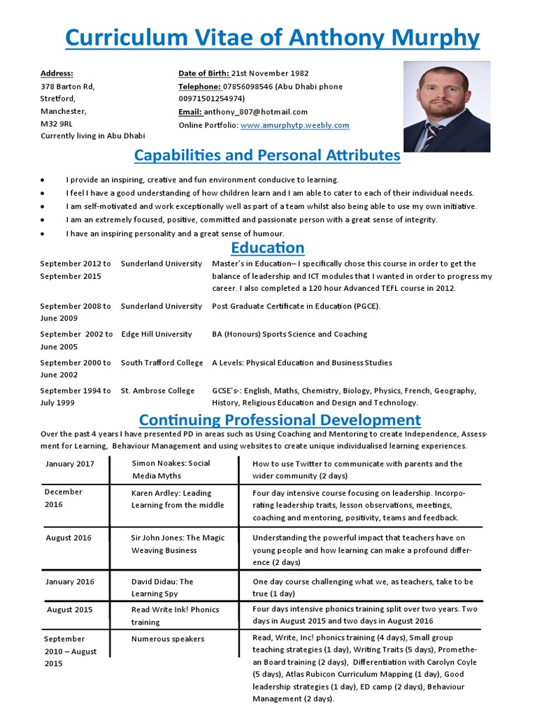 CV Anthony Murphy Feb 17 | PDF | Teachers | Phonics