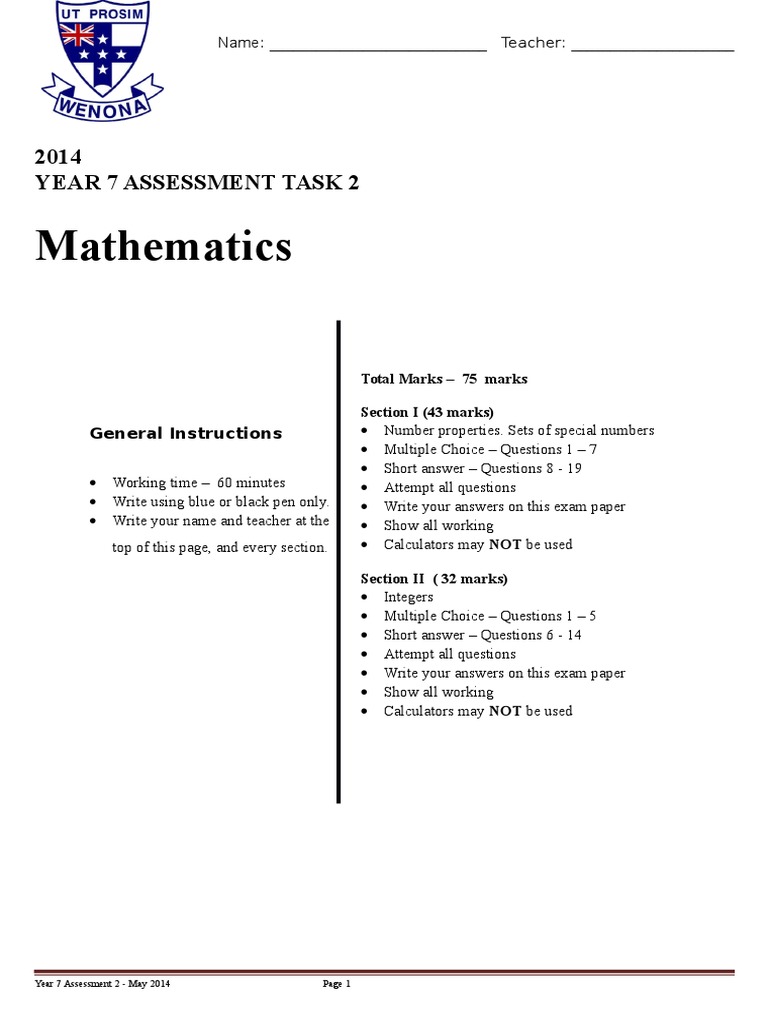 Mathematics: 2014 Year 7 Assessment Task 2 | PDF | Multiple Choice ...