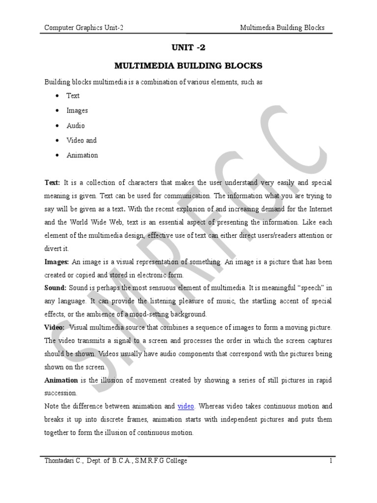 Unit - 2 Multimedia Building Blocks: Thontadari C., Dept. of B.C.A., S ...
