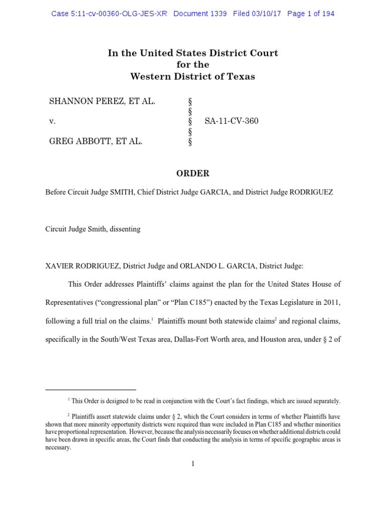 Shannon Perez v. Greg Abbott March 10 2017 Redistricting Order | PDF | Mootness | Government ...