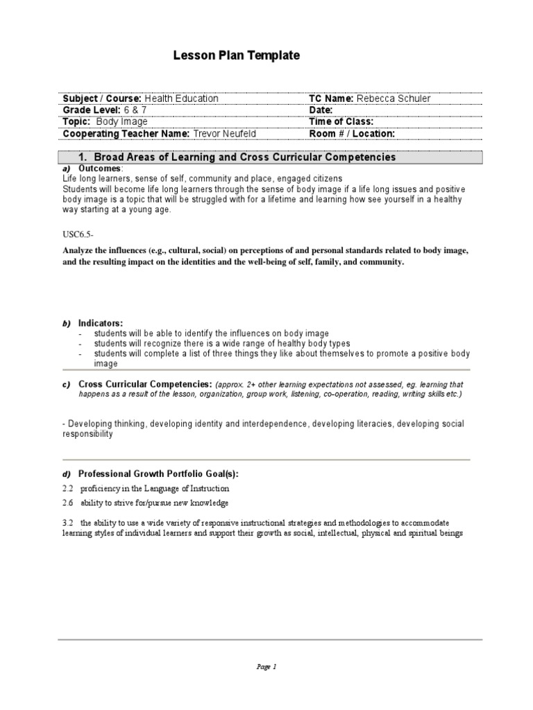 Body Image Lesson Plan | Download Free PDF | Educational Assessment ...