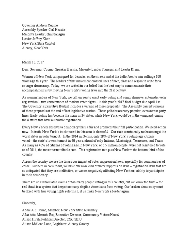 Womens Voting Rights Sign on letter | New York | Voting