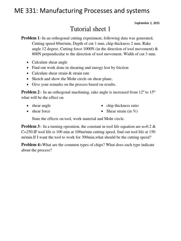 Tutorial Sheet 1 - Manufacturing | PDF
