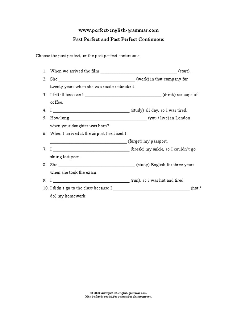 Past Perfect Or Past Perfect Continuous Pdf Pdf