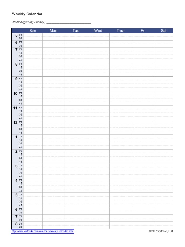 Sun Mon Tue Wed Thur Fri Sat: Weekly Calendar | PDF