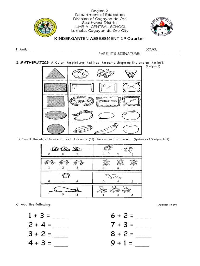 First Grading Exam Kinder | PDF | Learning | Behavior Modification
