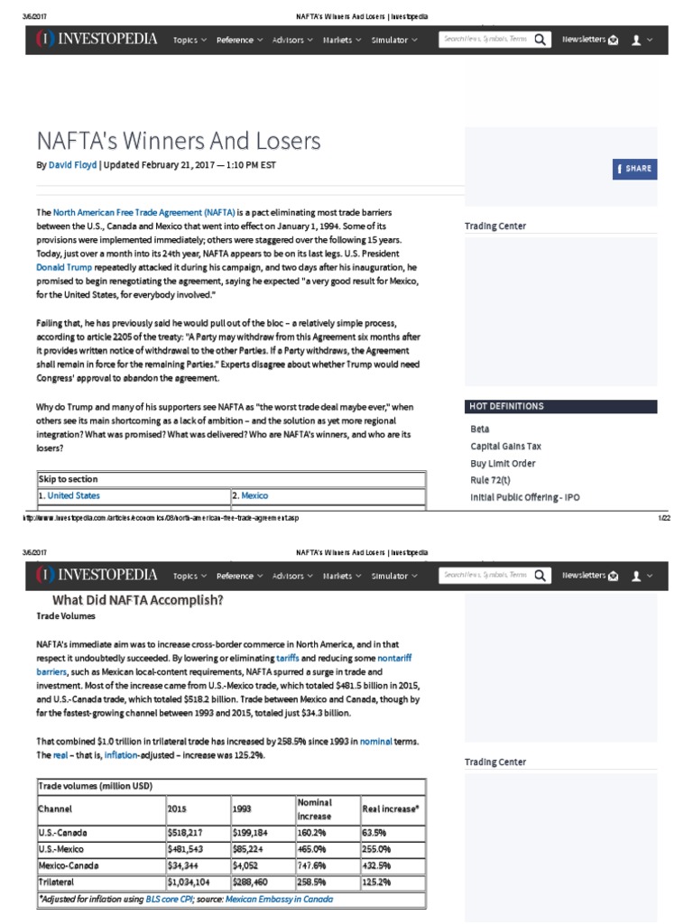 NAFTA's Winners and Losers - Investopedia | PDF | North American Free ...