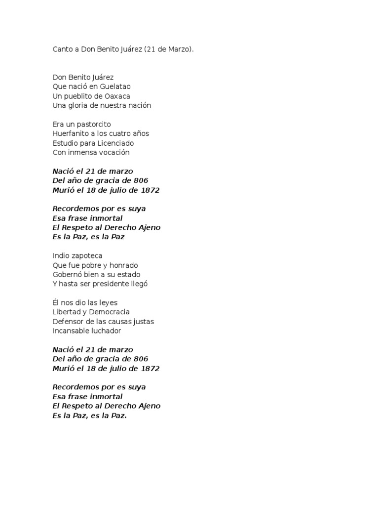 Letra-Cancion-Natalicio de Benito Juarez | PDF