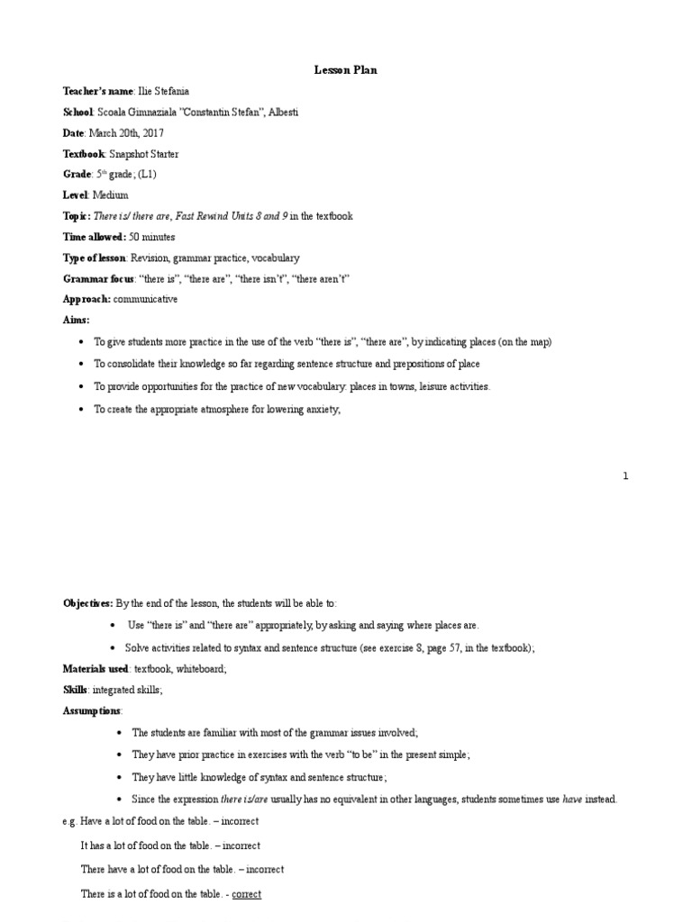 Lesson Plan 5th There Is - There Are | PDF | Syntax | Lesson Plan
