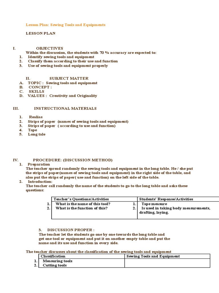 Lesson Plan Sewing | PDF | Sewing | Lesson Plan