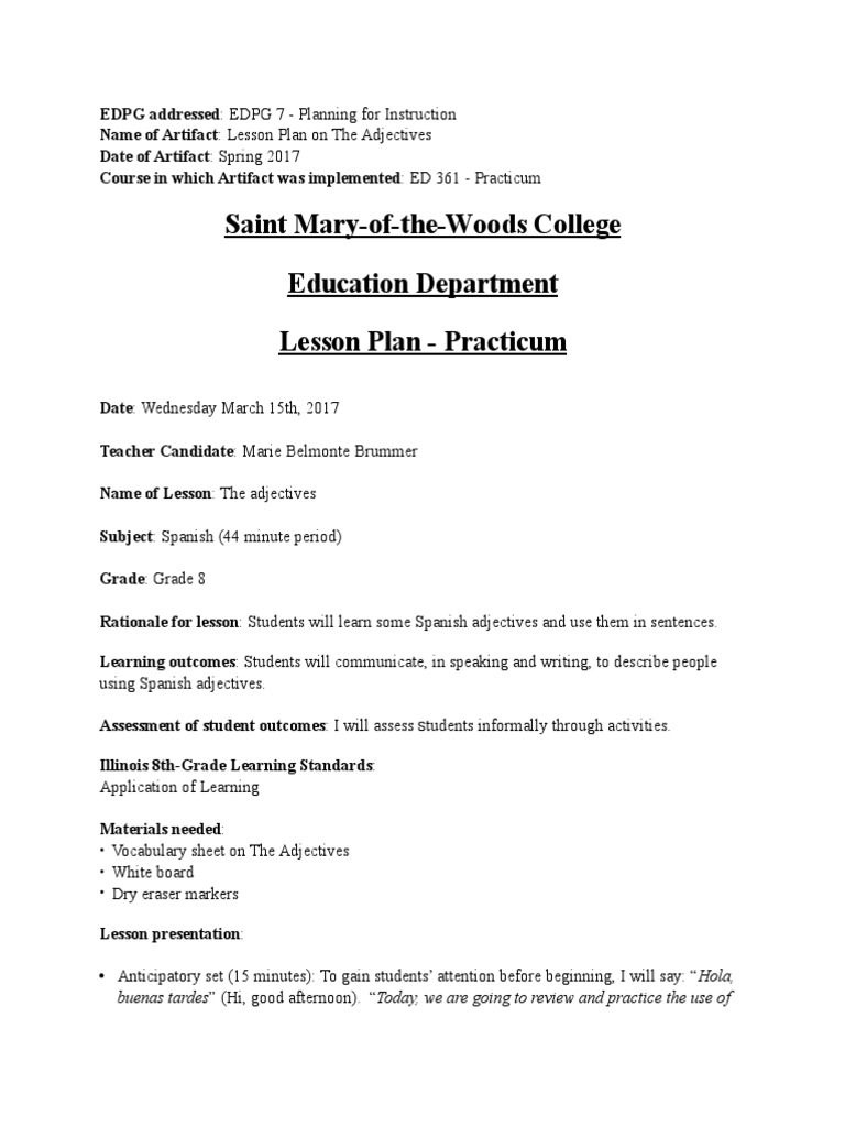 Practicum - Lesson Plan 3 - Adjetivos | PDF | Lesson Plan | Grammatical ...