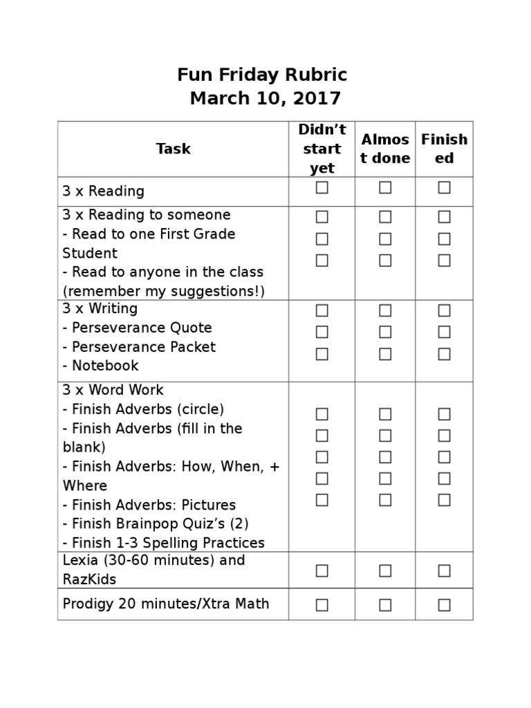 Fun Friday Student Activity Checklist | PDF